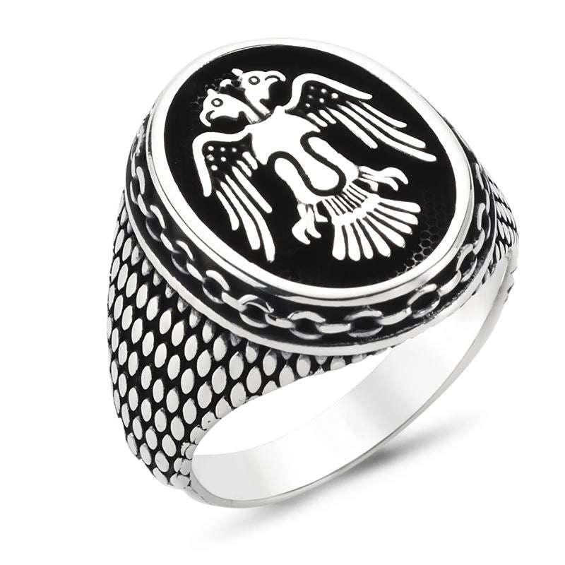 Taki | Double-Headed Seljuk Eagle Men's Silver Ring Without Stone - TryAladdin