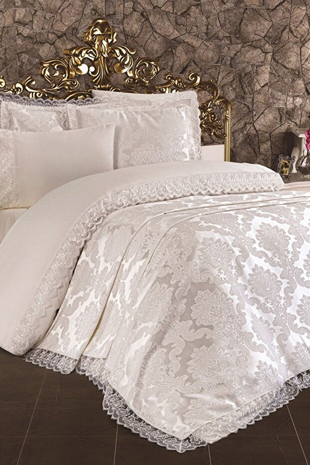 French Lace Lalezar Bridal Bedding Set - 7 Pieces, Cream - TryAladdin