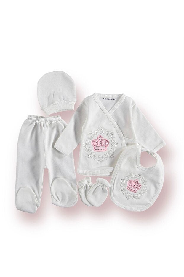 Premium Newborn Baby Girl Crown Design 5-Piece Hospital Outfit Set ...