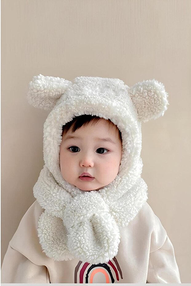 ESES BEBE White Baby Hooded Plush Hat Scarf Set – Aladdin